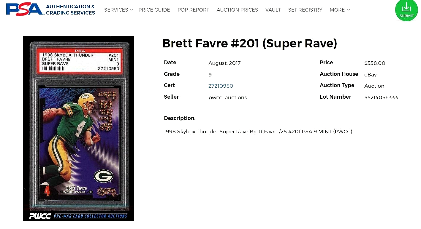 PSA 9 MINT 1998 BRETT FAVRE SKYBOX THUNDER SUPER RAVE 01/25 S6 READ | eBay
