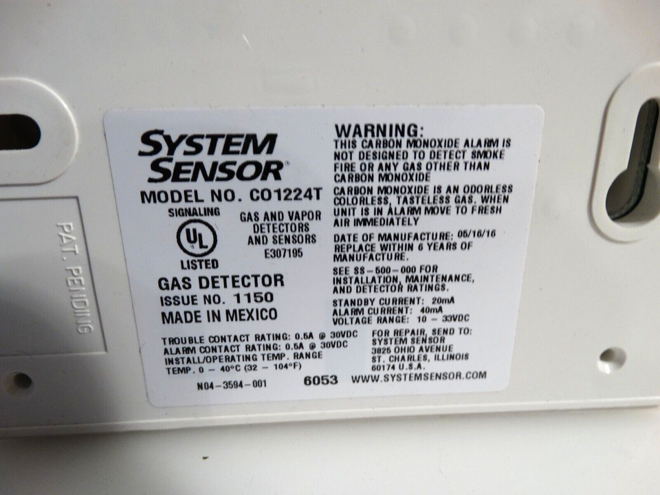 System Sensor CO1224T Carbon Monoxide Detector 783863036514| eBay