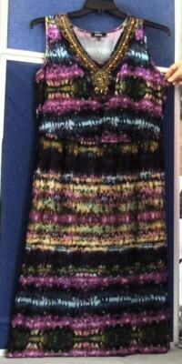 EUC Beautiful BELOW Knee DRESS by ELEMENTZ Beaded V-NECKLINE MultiColor ...