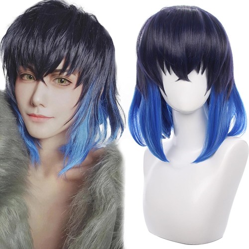 Anime wig Demon Slayer Hashibira Inosuke Cosplay Wigs Black blue short ...