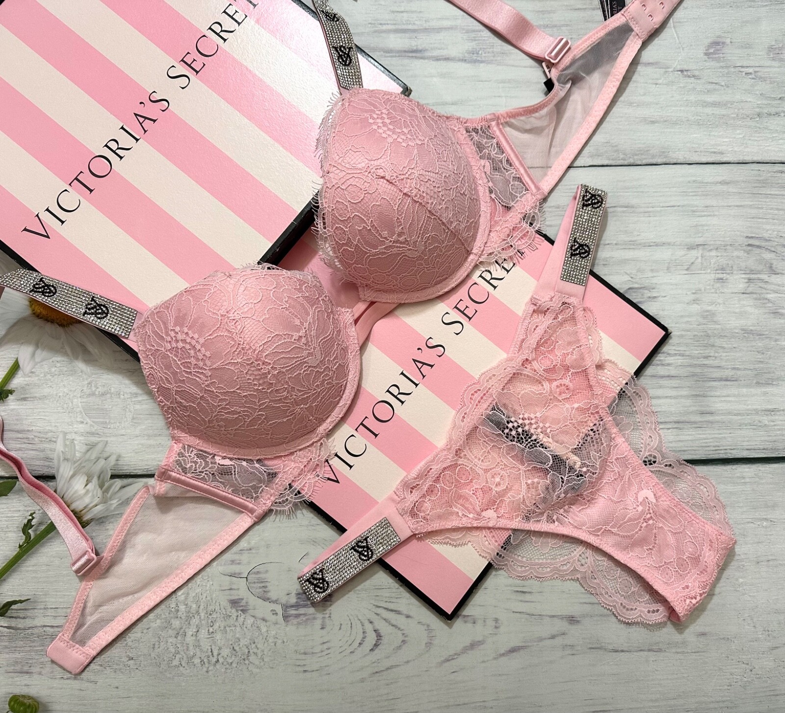 Victoria’s Secret Shine Strap Lace Push-Up Bra Brazilian Set Pretty ...