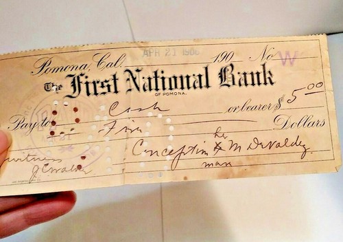 1906 First National Bank Check Marked Paid Pomona, CA M SC | eBay