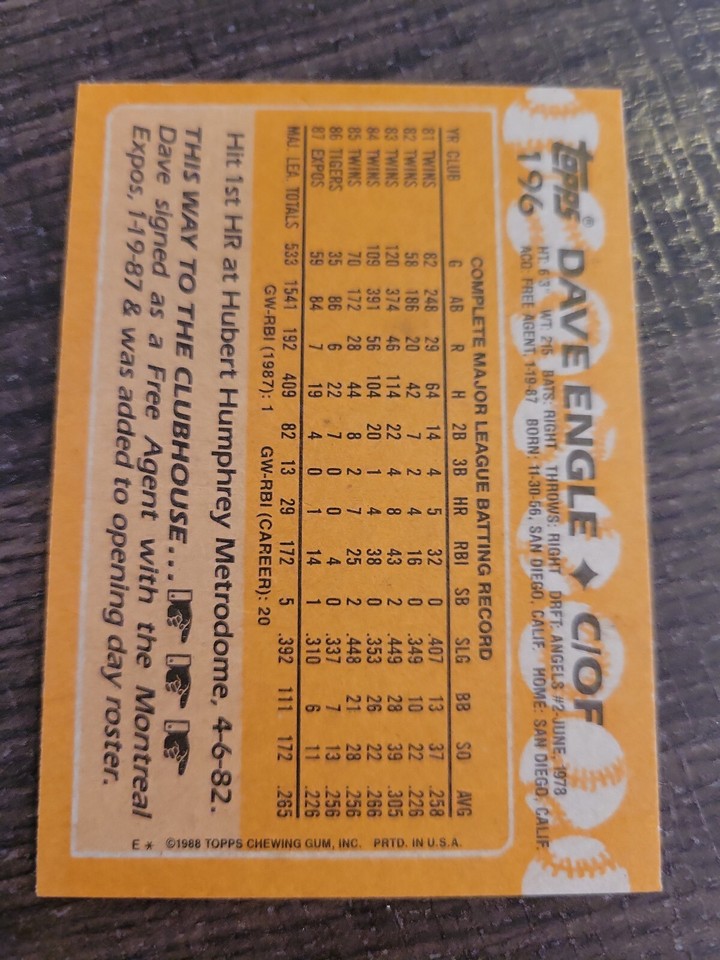 Dave Engle #196 1988 Topps Baseball Card | eBay