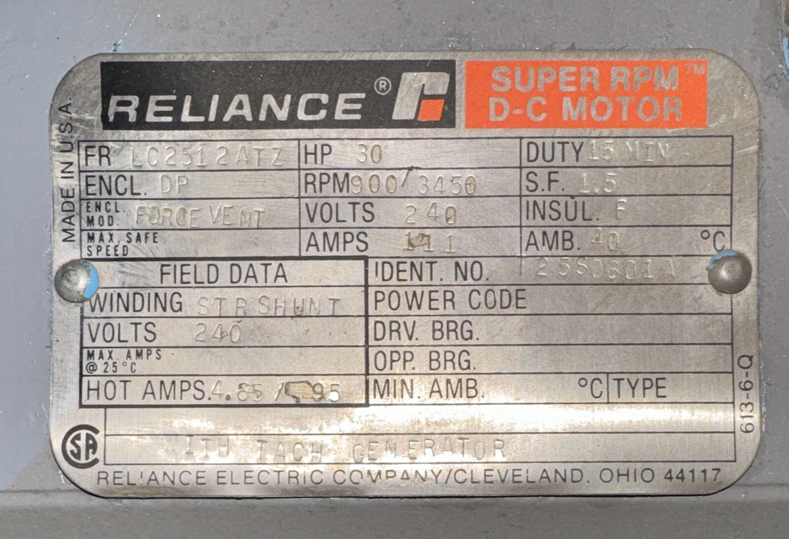 Reliance 30 HP LC2512ATZ 900 RPM 240 VA 15 MIN DUTY DPFV | eBay