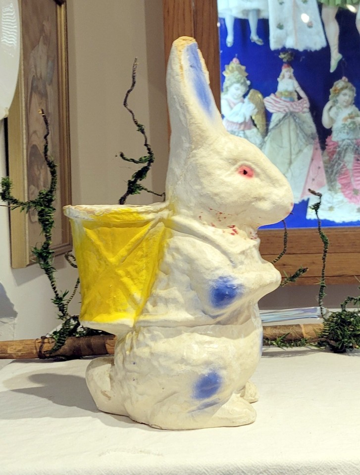 Blue & White Papier-mache Rabbit, Yellow Basket on Back. USA, 1930s ...