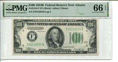 FR 2154-F 1934B $100 FEDERAL RESERVE NOTE PMG 66 EPQ GEM UNC ***FINEST ...