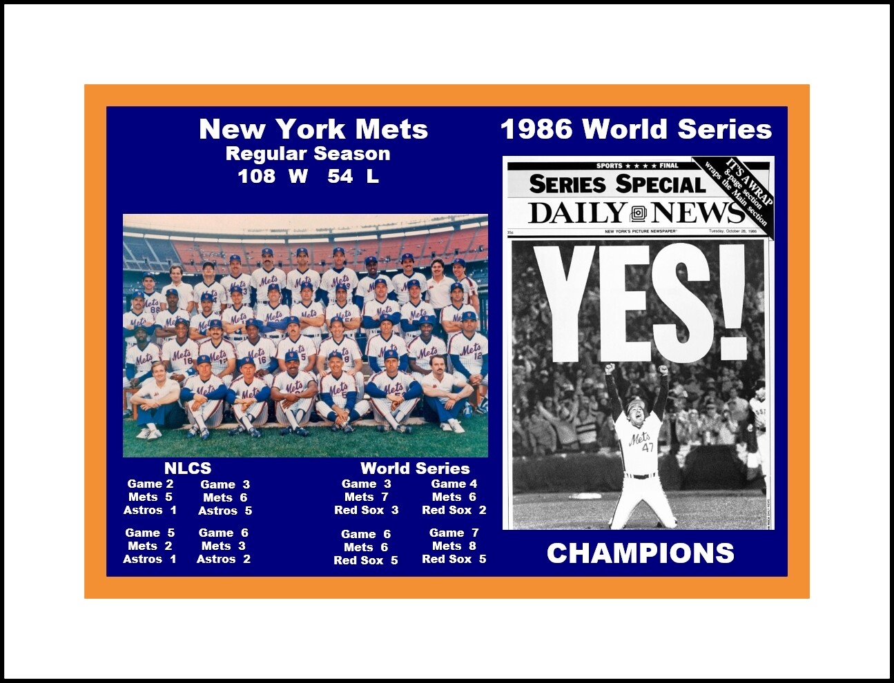 NEW YORK METS 1986 WORLD CHAMPS MATTED MULTI IMAGE COLLAGE PIC OF TEAM ...