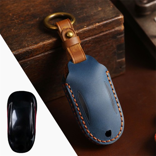 Leather Car Key Cover Case Bag Protector Keychain For Tesla Model 3 / X ...