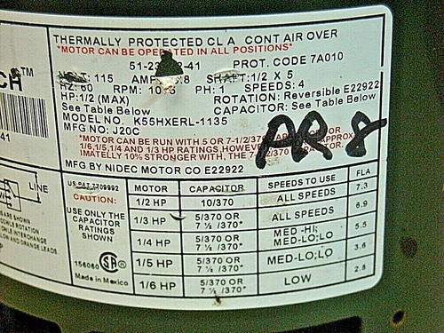 PR8- PROTECH K55HXERL 1/2,1/3,1/4,1/5, 1/6 HP HVAC BLOWER MOTOR 5.8 A ...