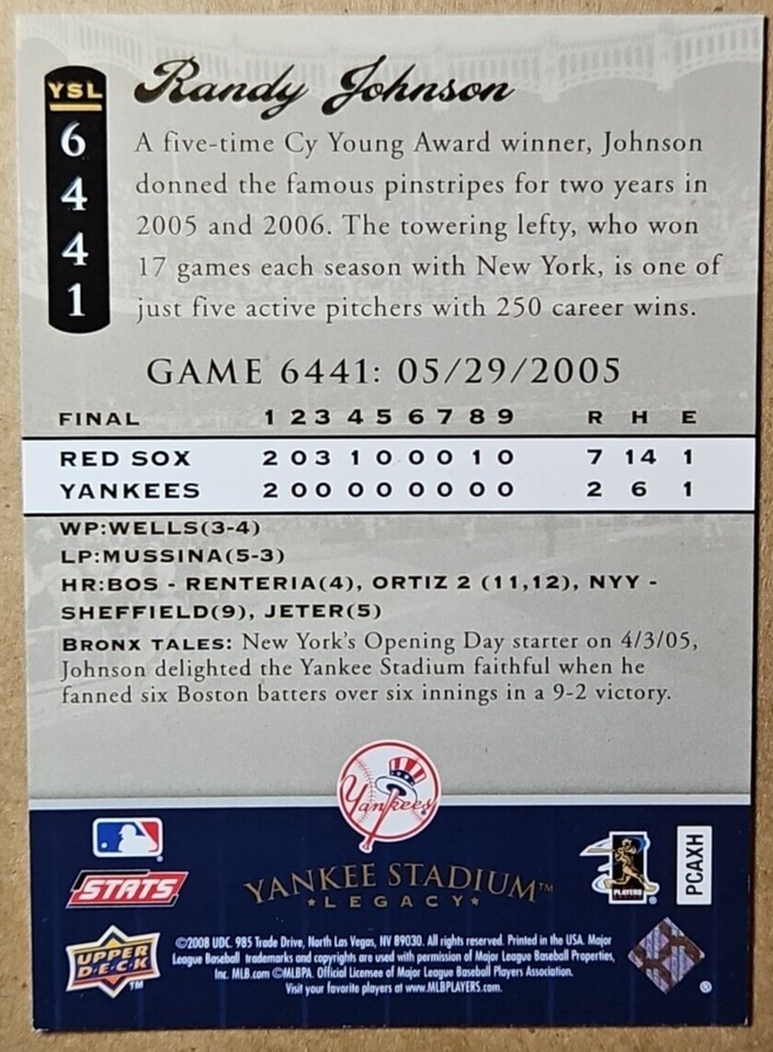 2008 Upper Deck Randy Johnson Yankee Stadium Legacy #6441 New York ...
