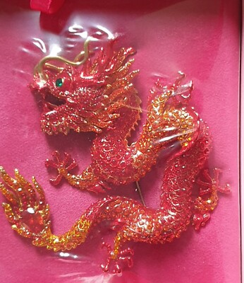 Butler & Wilson Chinese red dragon crystal gold tone large brooch new ...