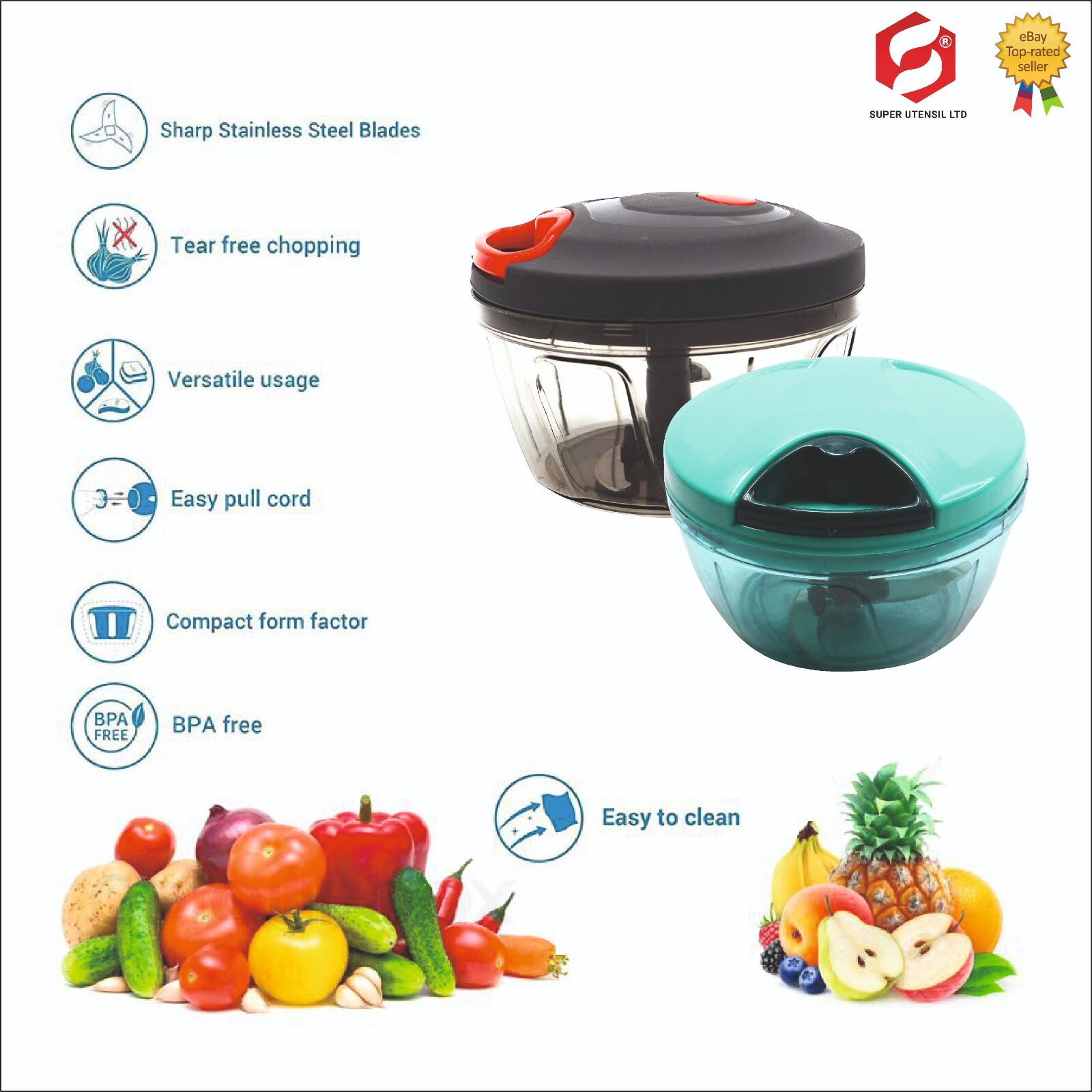 2x Food Chopper Manual Pull Cord Pulling Vegetable Slicer Hand Blender ...