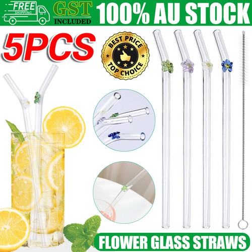 5X Clear Glass Pyrex Drinking Flower Straws Pack Bent Reusable Eco ...