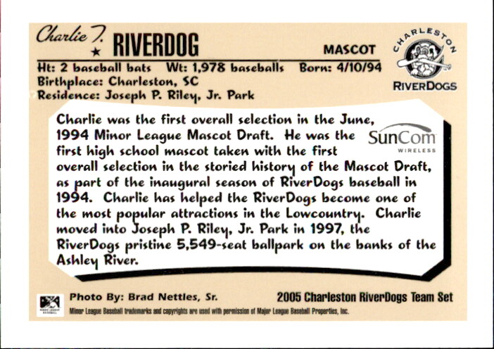 2005 Charleston RiverDogs Team Issue #30 Charlie T. Riverdog MASCOT ...