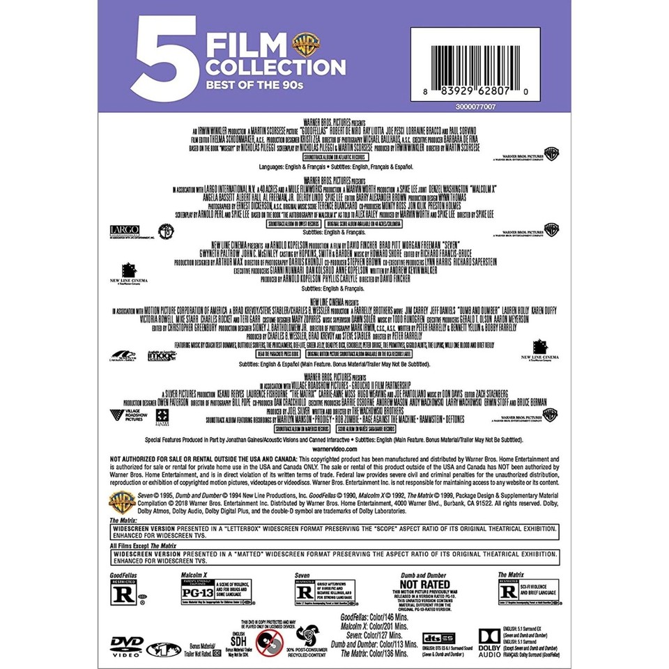 5 Movies DVD - Goodfellas / Malcom X / Seven / Dumb & Dumber / Matrix ...