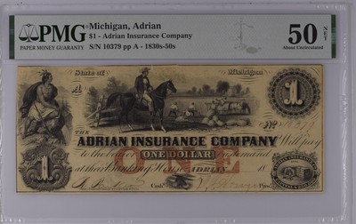 Adrian Michigan Adrian Insurance Company 1830-50's $1 Note PMG AU 50 ...