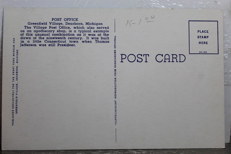 Michigan MI Dearborn Greenfield Village Post Office Postcard Old ...