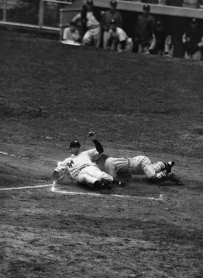 Joe DiMaggio Yankees safe a hard slide home first inning second ga- Old ...
