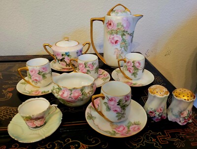 Rosenthal KPM Gold Encrusted Cabbage Rose Tea Pot Cup Saucer Sugar Bowl ...