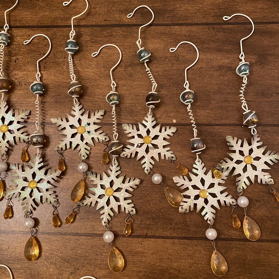 RAZ Snowflake Christmas Ornaments Jeweled 8” Blue Amber Metal Hanging ...
