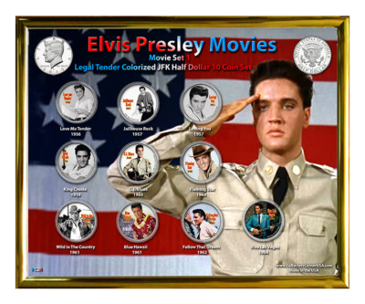 Elvis Movies Set 1 Colorized JFK Half Dollar 10 Coin Set in 8" x 10 ...