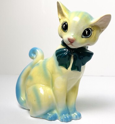 Lipper Mann Cat Figurine 1950s Japan Ceramic Blue Yellow Striped Bow ...