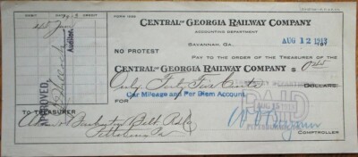 Central of Georgia Railway Co. 1913 Railroad Bank Check - Savannah, GA ...