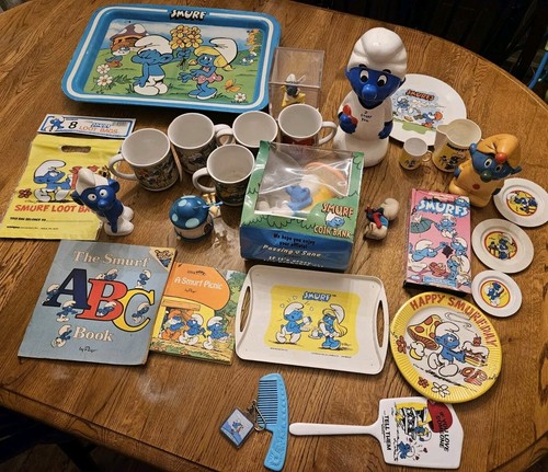 Large Lot Of Vintage Rare Smurf Items Figures Books Movie Tray Bank | eBay