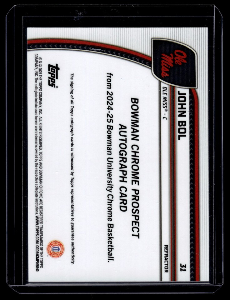 John Bol 2024-25 Bowman University Chrome Refractor Autograph Auto Card ...