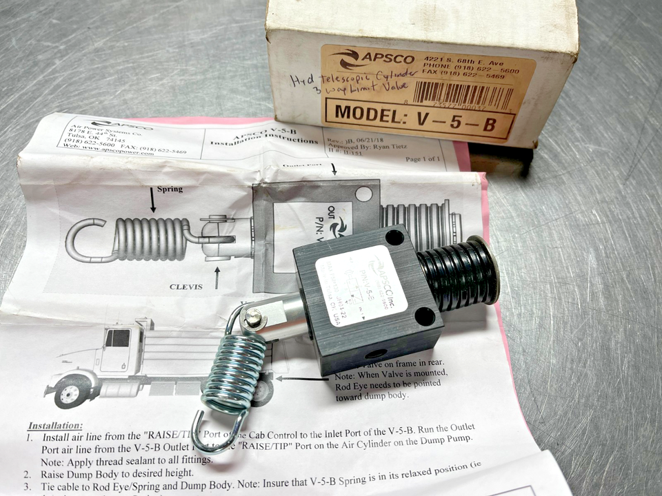 APSCO V-5-B Hydraulic Telescopic Cylinder 3 way LIMIT VALVE V5B | eBay