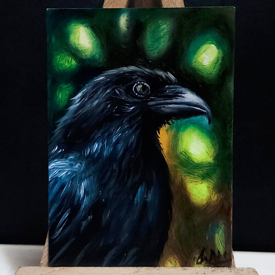 ACEO Original Oil Painting Raven Realistic Crow Bird Art ATC Signed by ...