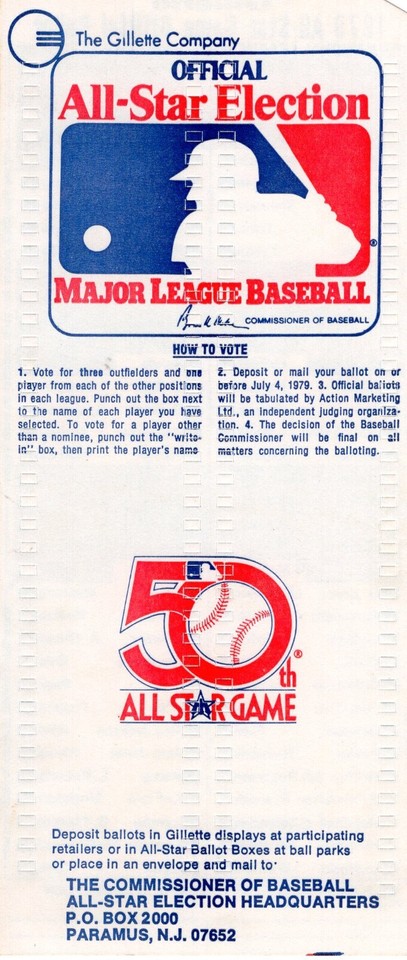 Major League Baseball 1979 All Star Game Official Ballot Gillette ...