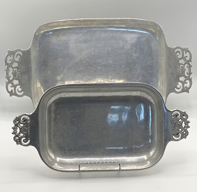 Nambé 218 & 210 Ornate Handled Serving Tray 11”x19” & 7.75”x15.5” •Lot ...