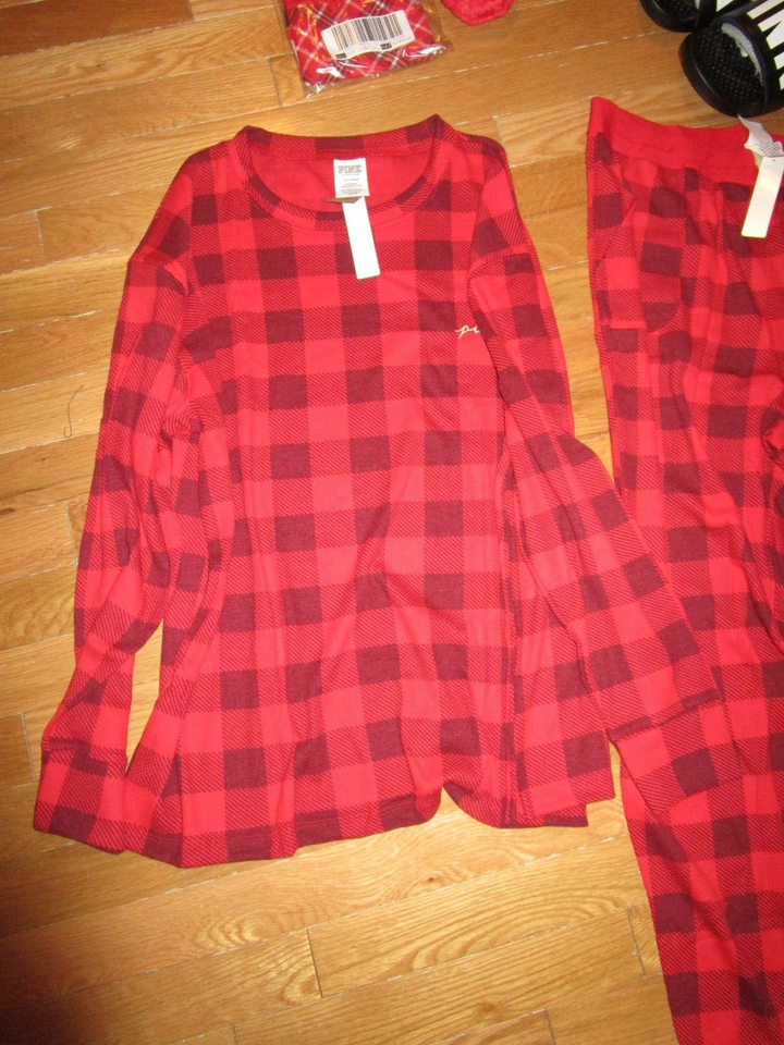 6PC Victorias Secret PINK RED Buffalo CHECKED HOODED ROBE THERMAL SET ...