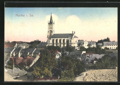 Ansichtskarte Hartha i. Sa., Ortsansicht mit Kirche im Zentrum | eBay.de