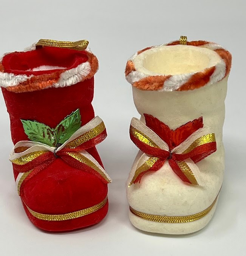 Vintage Christmas Set Of 2 Flocked Styrofoam Santa Boot Ornaments | eBay
