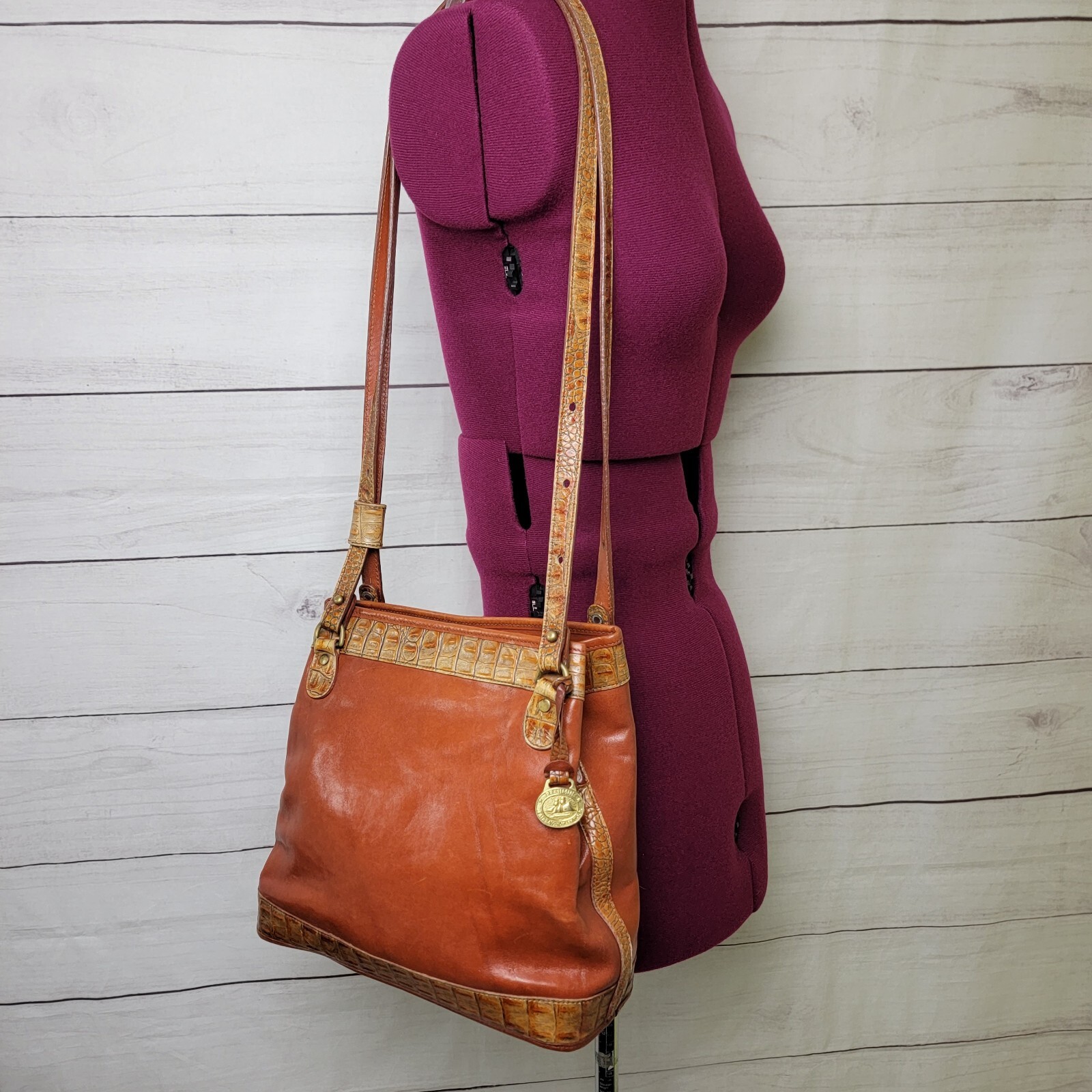 Brahmin Brown Smooth Leather Croc Embossed Mini Tote Handbag Purse EUC ...