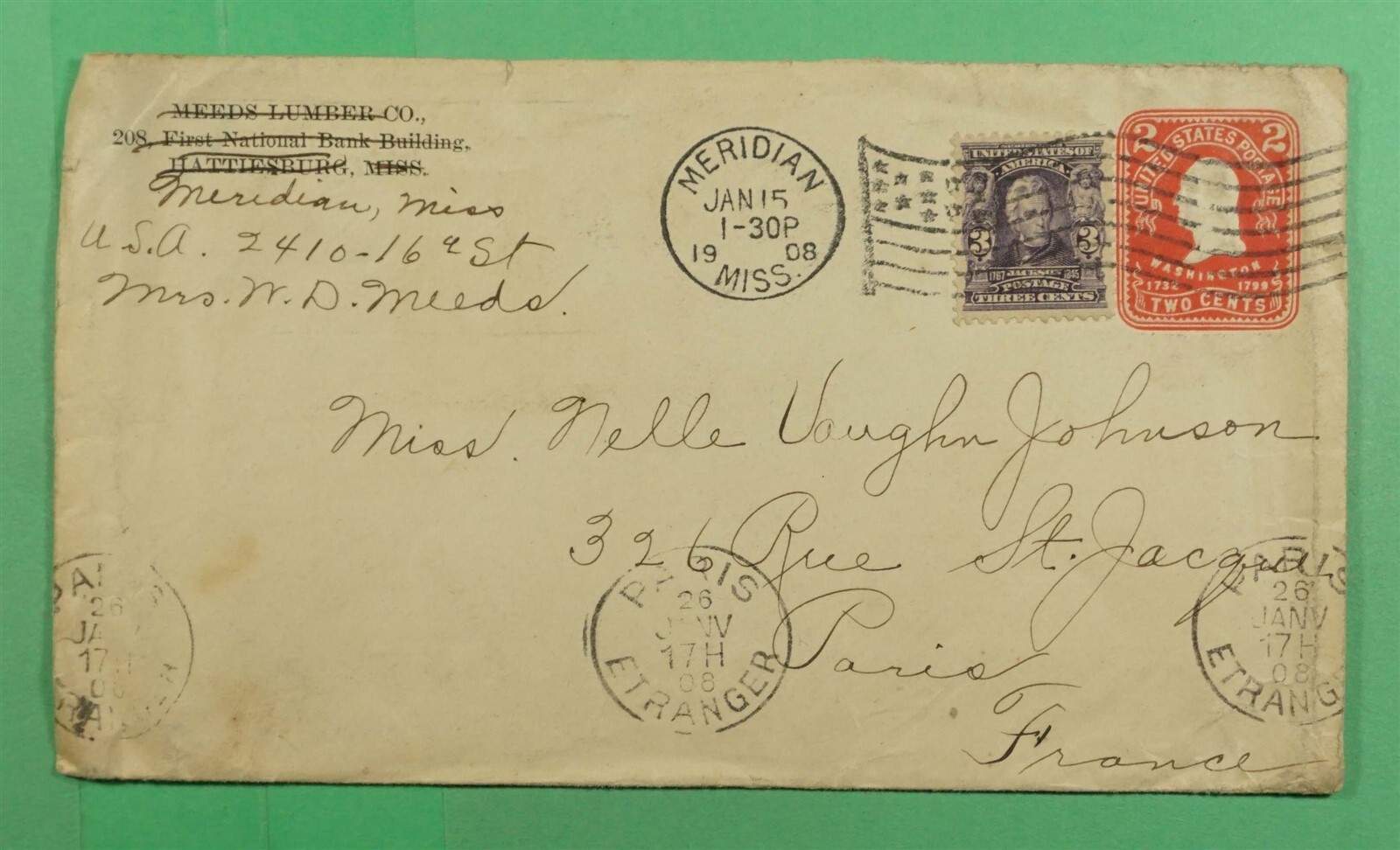 DR WHO 1908 UPRATED STATIONERY MERIDIAN MS FLAG CANCEL TO FRANCE k60394 ...
