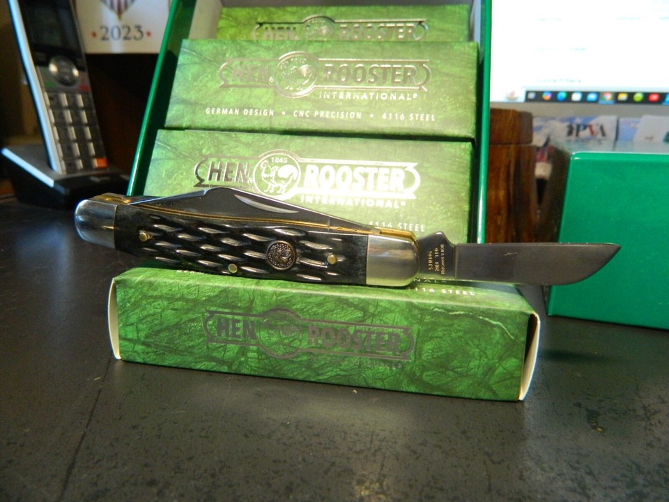 HEN & ROOSTER 4" BLACK JIGGED BONE LG. STOCKMAN BLADES 3- 4116GS ...