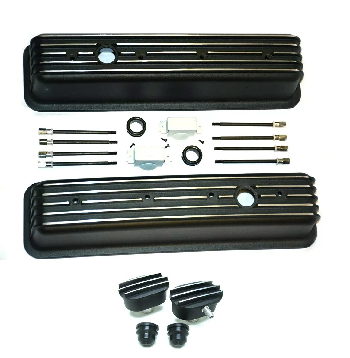 Small Block Chevy Black Aluminum Tall Finned Valve Covers + Breather ...