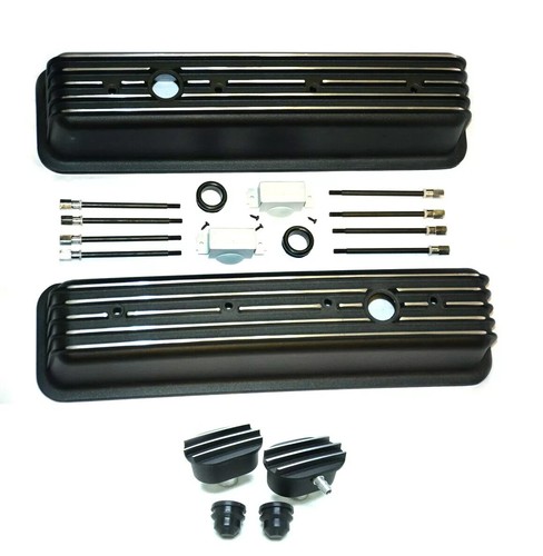 Small Block Chevy Black Aluminum Tall Finned Valve Covers + Breather ...