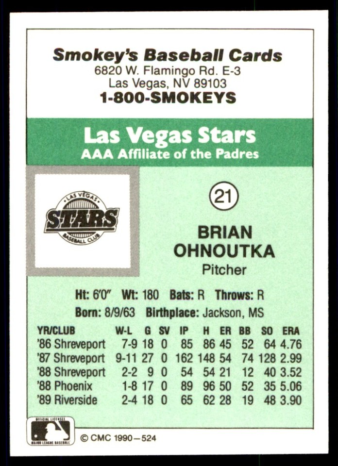 1990 Las Vegas Stars CMC Brian Ohnoutka Las Vegas Stars #21 | eBay
