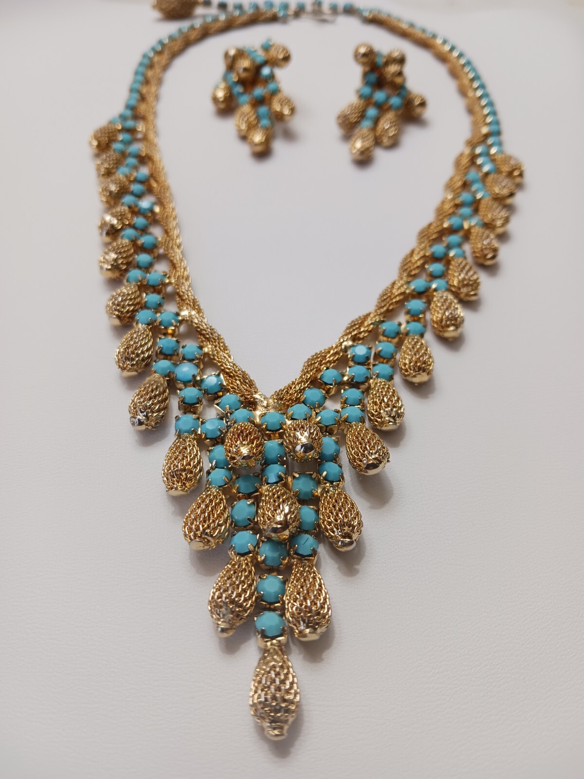 Stunning Rare 1960's Signed HOBE' Turquoise & Gold Mesh Necklace ...