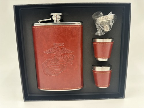 USMC Stainless Steel 8 Oz Flask Debossed Leather With 2 Shot Glasses ...