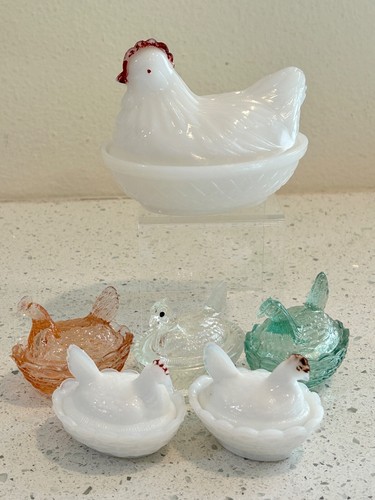 Hen on Nest Basket Trinket Box Salt Cellar Lot- Hazel Atlas Milk Glass ...