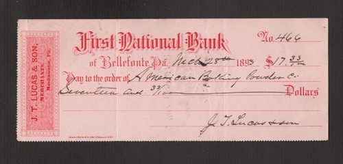 Vintage Check -First National Bank - March 28, 1893 - Bellefonte, Pa | eBay