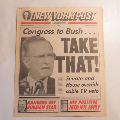 New York Post October 6 1992 Bush Congress Senate cable TV VETO HIV ...