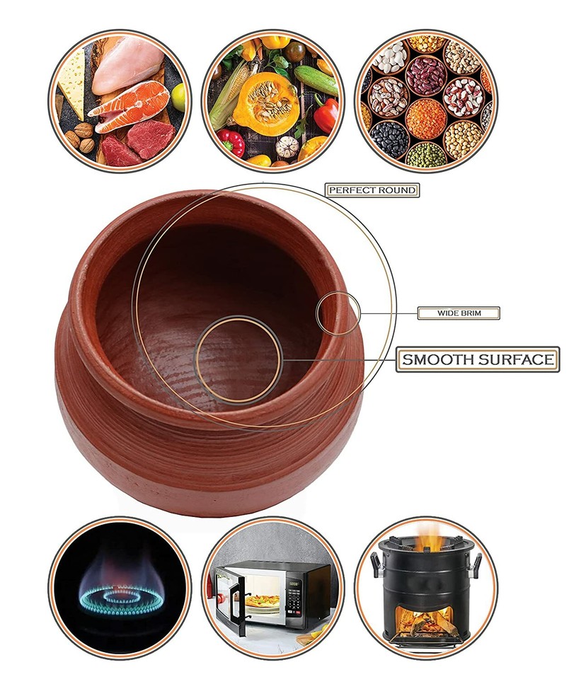 Terracotta Clay Pottery Mud Pot Earthen Cooking Serving With Lid Red 1 ...