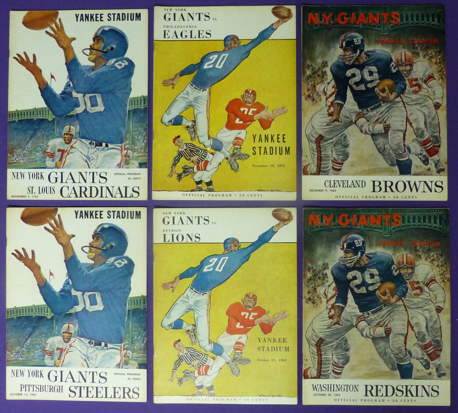 SET OF 6 - 1962 NEW YORK GIANTS FOOTBALL PROGRAMS - STEELERS REDSKINS ...