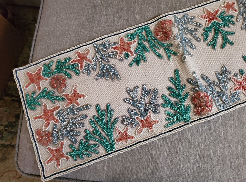 Coastal Rachel Zoe Nautical Coral Reef Starfish Shell 36in Beaded Table ...